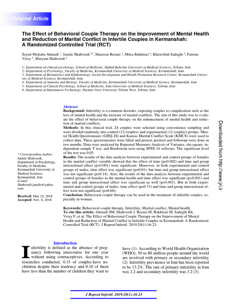 Effect of Behavioral Couple Therapy on infertility | PDF | Infertility ...