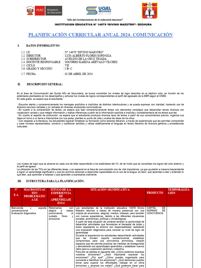 Planificaciòn Curricular Anual 2024 | PDF | Enseñando | Aprendizaje