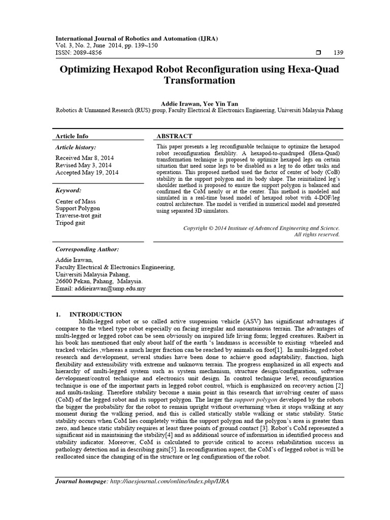 Optimizing Hexapod Robot Reconfiguration Using Hex | PDF | Walking | Robotics