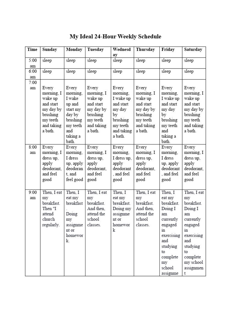 Ideal 24 Hour Weekly Schedule -Time Management Assignment-1 | PDF