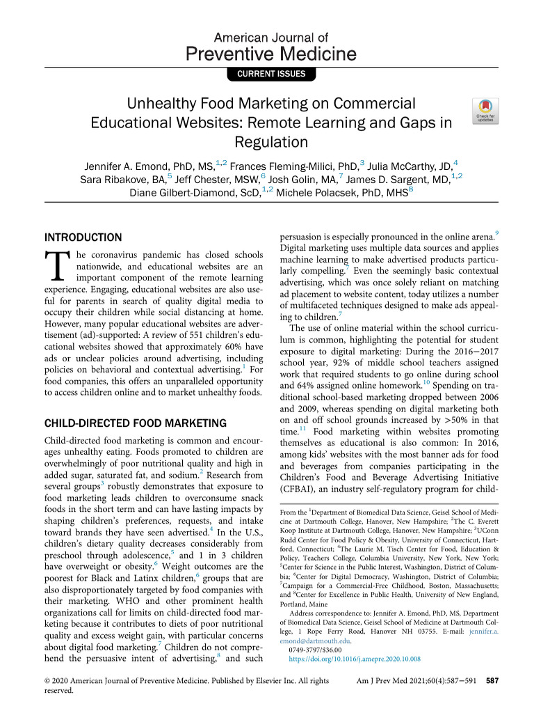 Unhealthy Food Marketing On Commercial Educational - 2021 - American ...