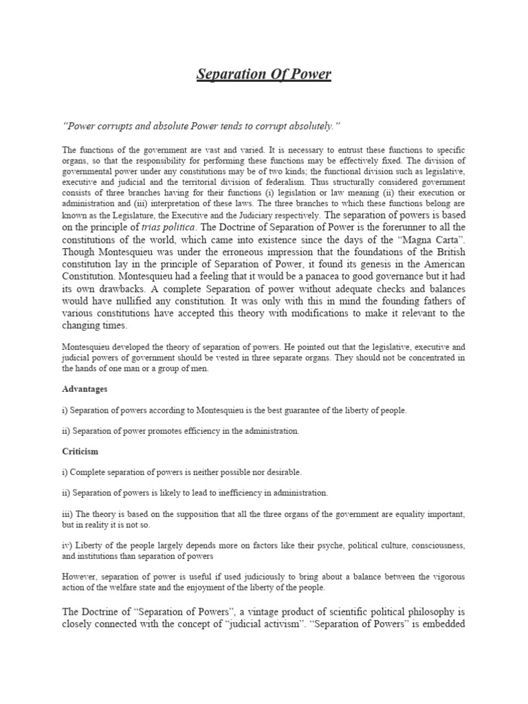 Separation of Power: "Power Corrupts and Absolute Power Tends To ...