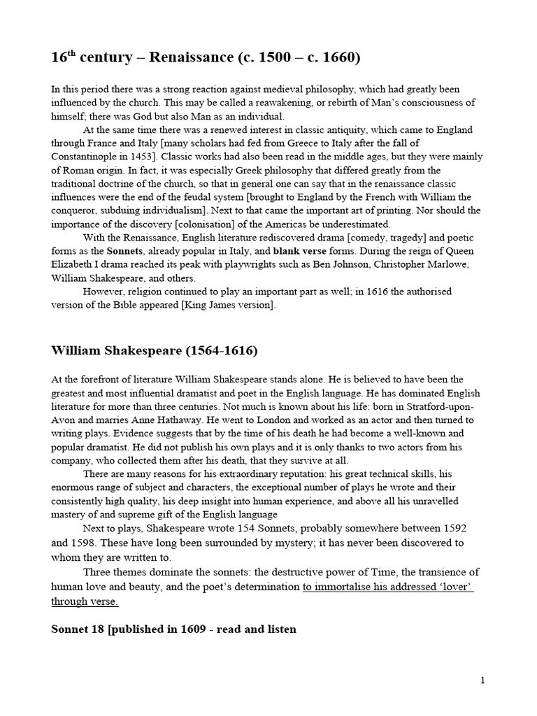 16th C - Renaissance - Shakespeare | PDF | Poetry | Sonnets