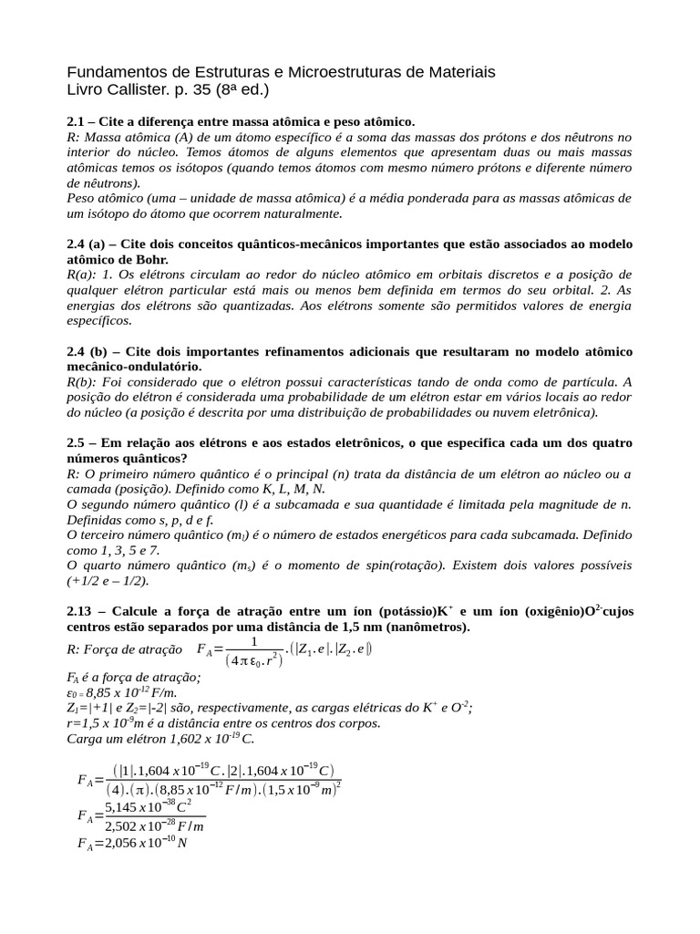 William D. Callister & David G. Rethwisch. (8 Ed.) Exercícios ...