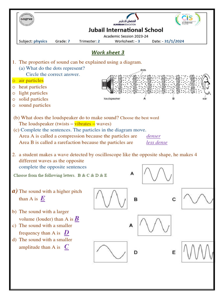 3rd Work Sheet, Grade 7 - SOUND - Ms | PDF | Sound | Waves