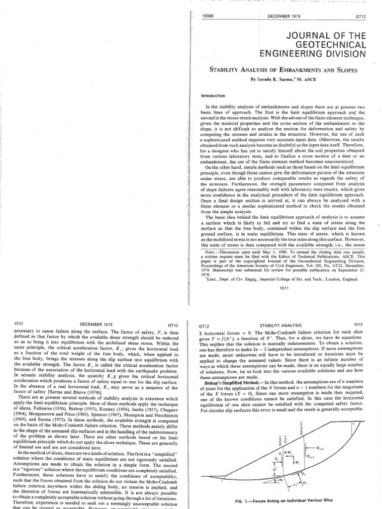 Sarma 1979 - Stability Analysis of Embankments and Slopes | PDF