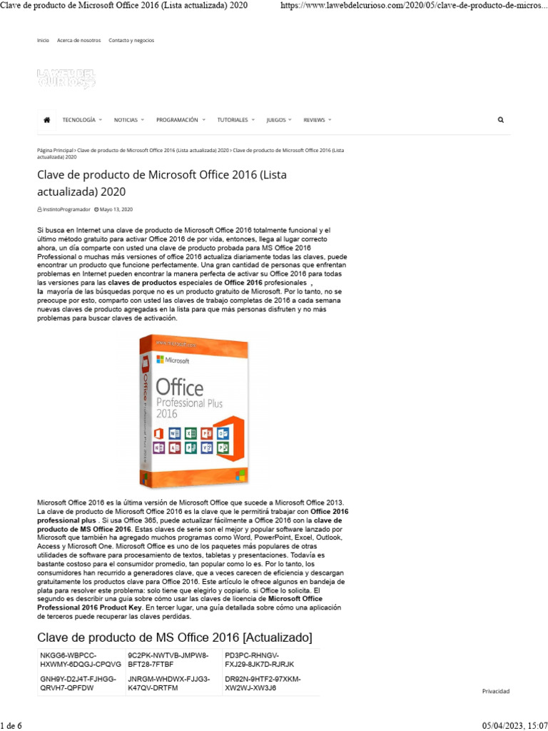 Claves de producto para Office 2016 | PDF | Microsoft Office | Microsoft