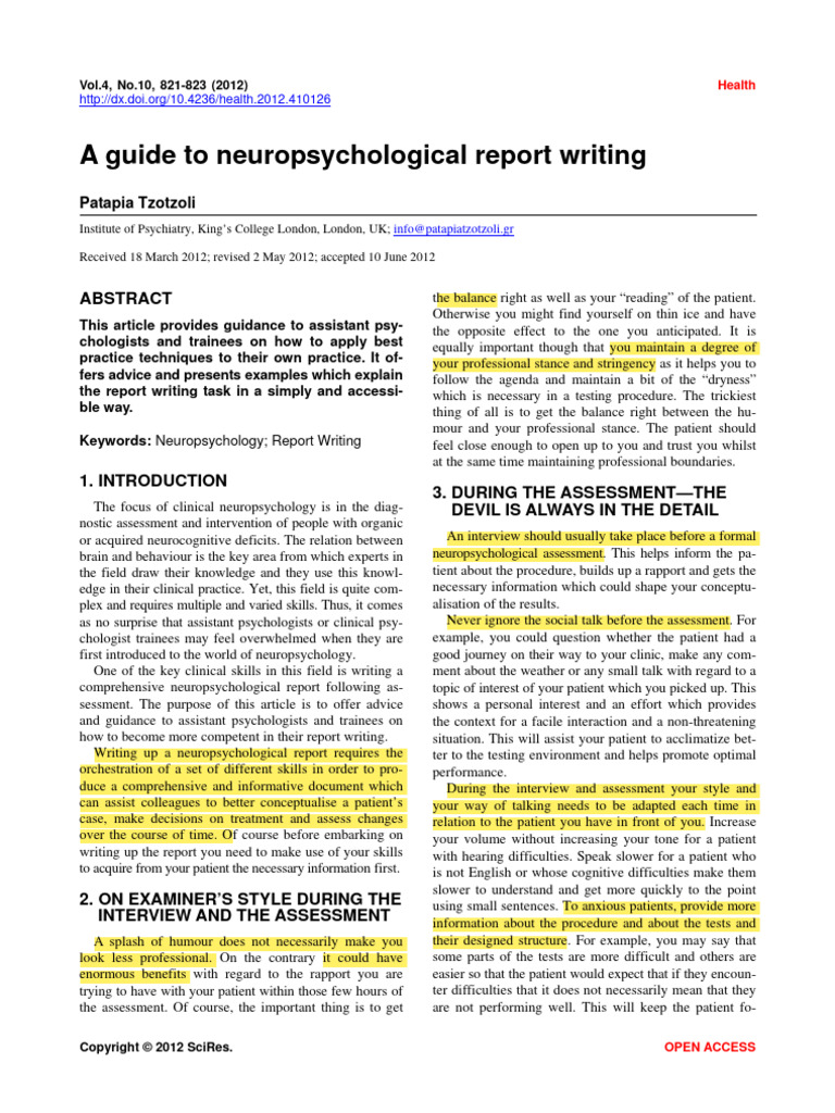 A Guide To Neuropsychological Report Writing | PDF | Neuropsychology ...