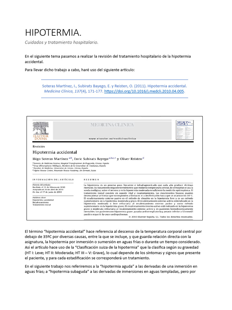 Cuidados y Tratamiento Hospitalario Hipotermia | PDF | Hipotermia | Enfermedades y trastornos