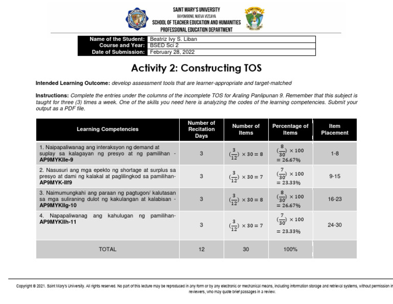 Activity 2 - Constructing TOS (Liban, Beatriz Ivy S.) | PDF | Learning ...