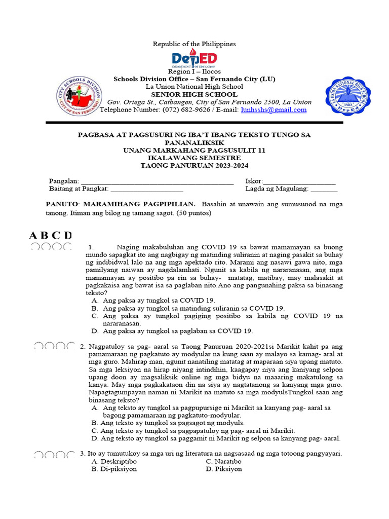 40 Item PAGBASA AT PAGSUSURI SUMMATIVE TEST Finalized | PDF
