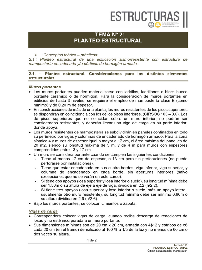 Tema 2 Planteo Estructural | Descargar gratis PDF | Albañilería | Columna