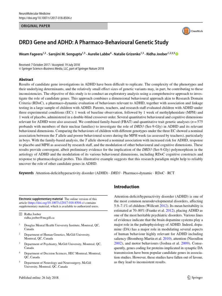 DRD3 Gene and ADHD A Pharmaco - Behavioural Genetic Study | PDF ...