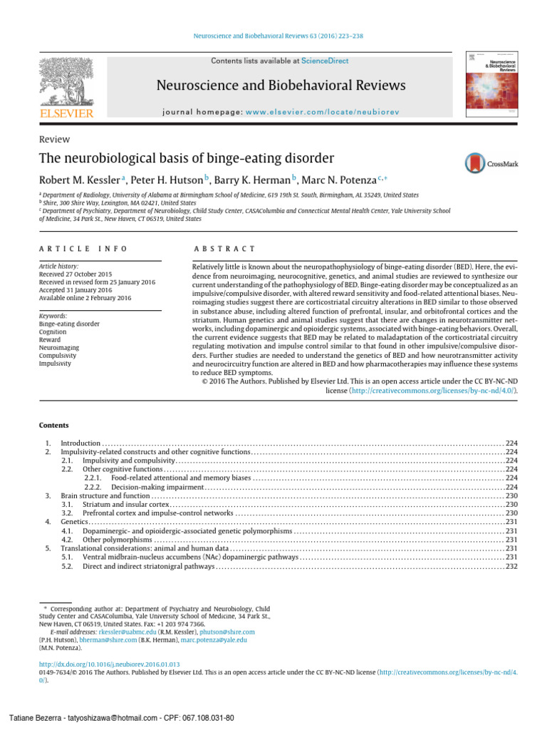 The Neurobiological Basis of Binge-Eating Disorder | PDF | Reward ...