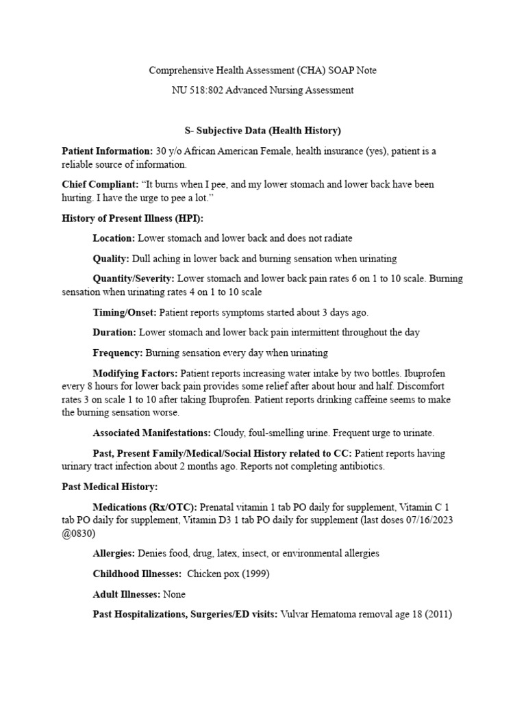 NU518-802 CHA SOAP note | PDF | Urinary Tract Infection | Diseases And ... NU518-802 CHA SOAP note | PDF | Urinary Tract Infection | Diseases And ...