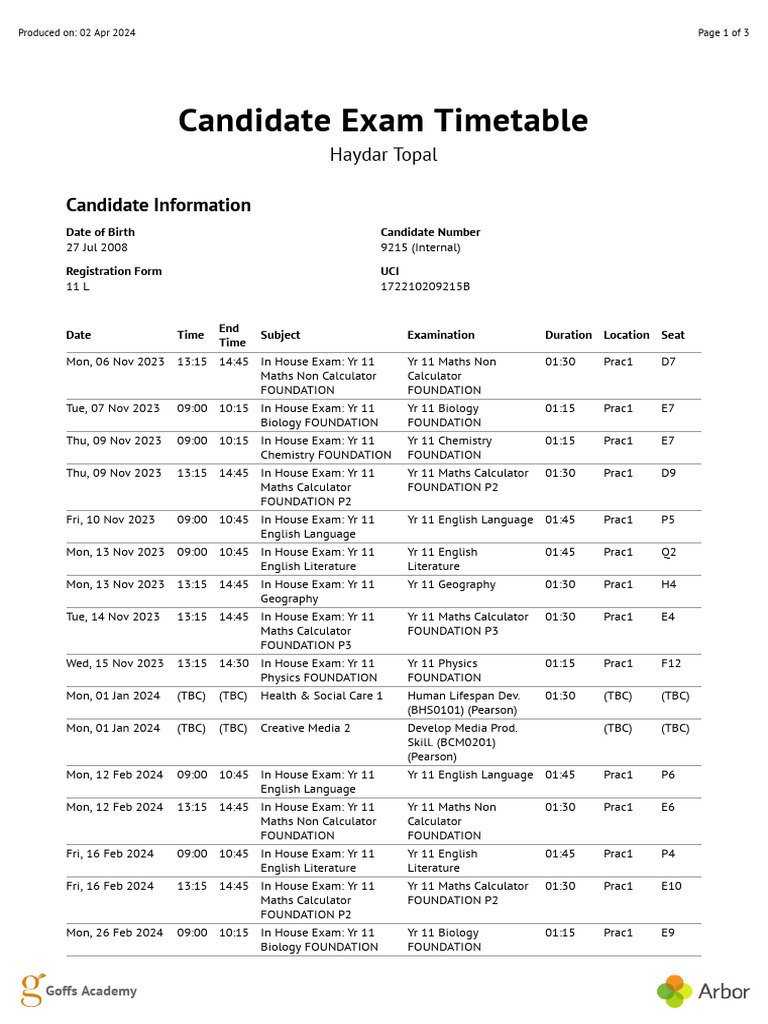 Year 11 Exam Timetable 2023-2024 | PDF | Student Assessment And ...