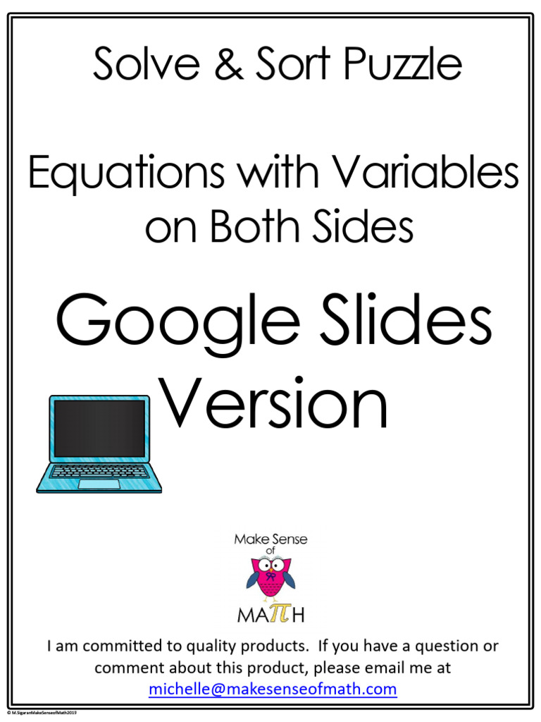 Solve & Sort Puzzle Equations With Variables On Both Sides: Google Slides | PDF | Copyright ...