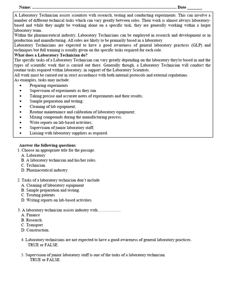Laboratory Technician Roles Explained | PDF | Laboratories | Experiment