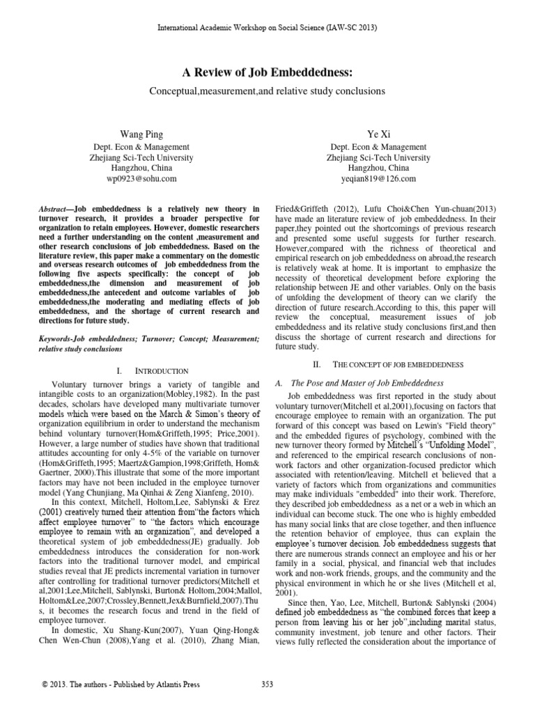 A Review of Job Embeddedness:: Conceptual, Measurement, and Relative ...