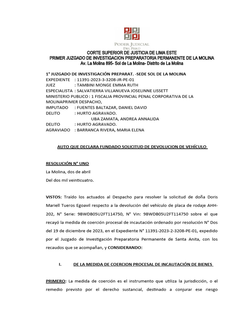 11391-2023 Auto de Devolucion de Vehiculo | Descargar gratis PDF ...