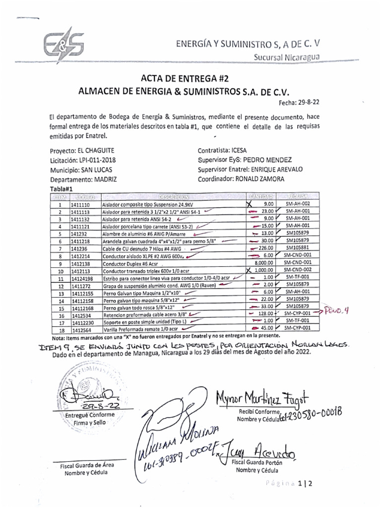 Acta de Entrega N°2 - E&s - Proyecto El Chaguite | PDF