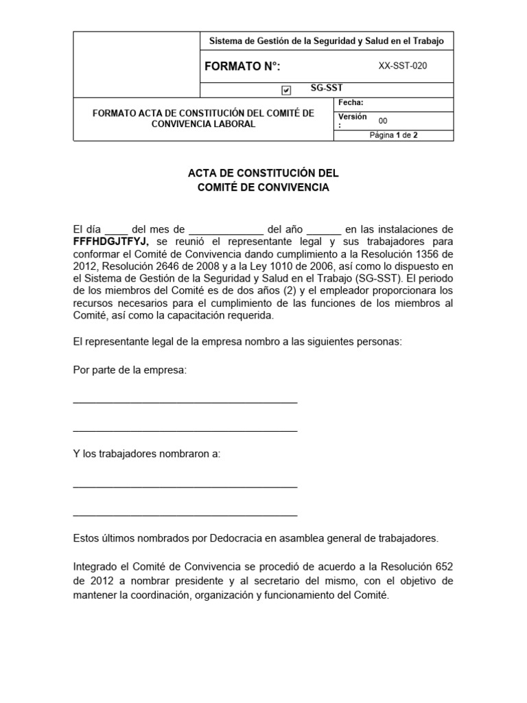 FT-SST-020 Formato Acta de Constitución del Comité de Convivencia Laboral | PDF | Gobierno