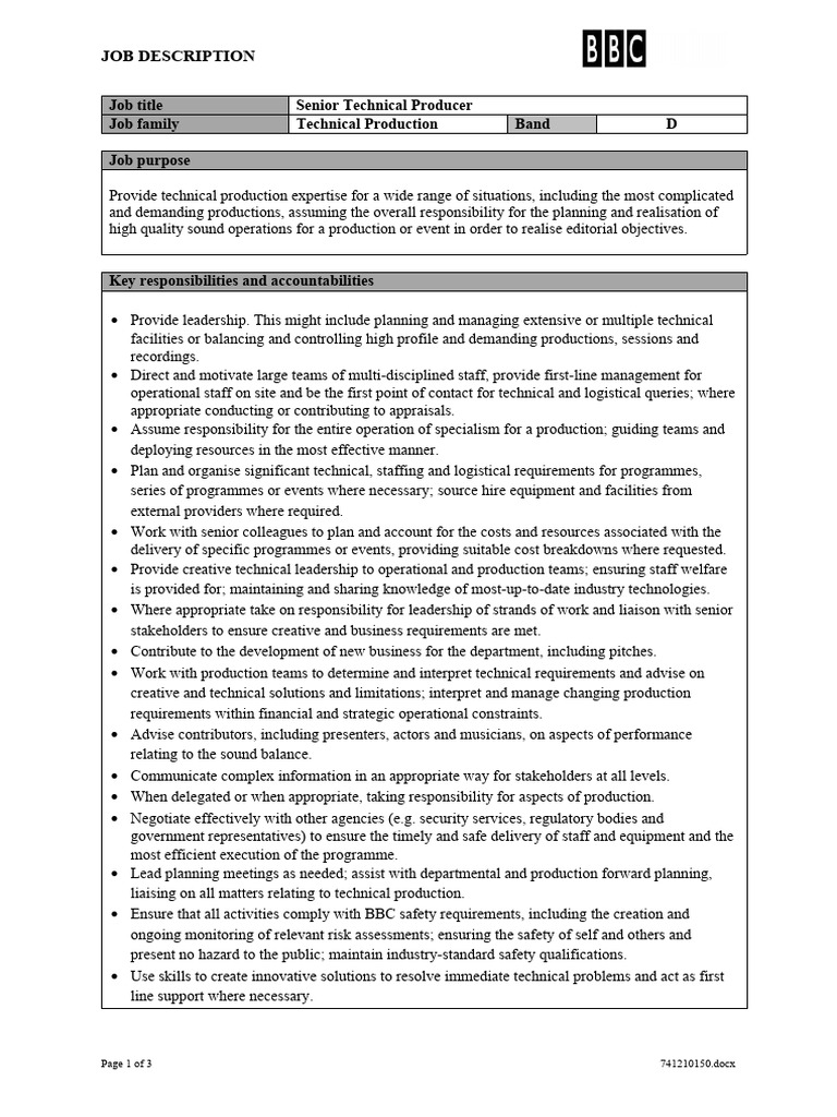 Senior Technical Producer Job Description | PDF | Leadership | Safety