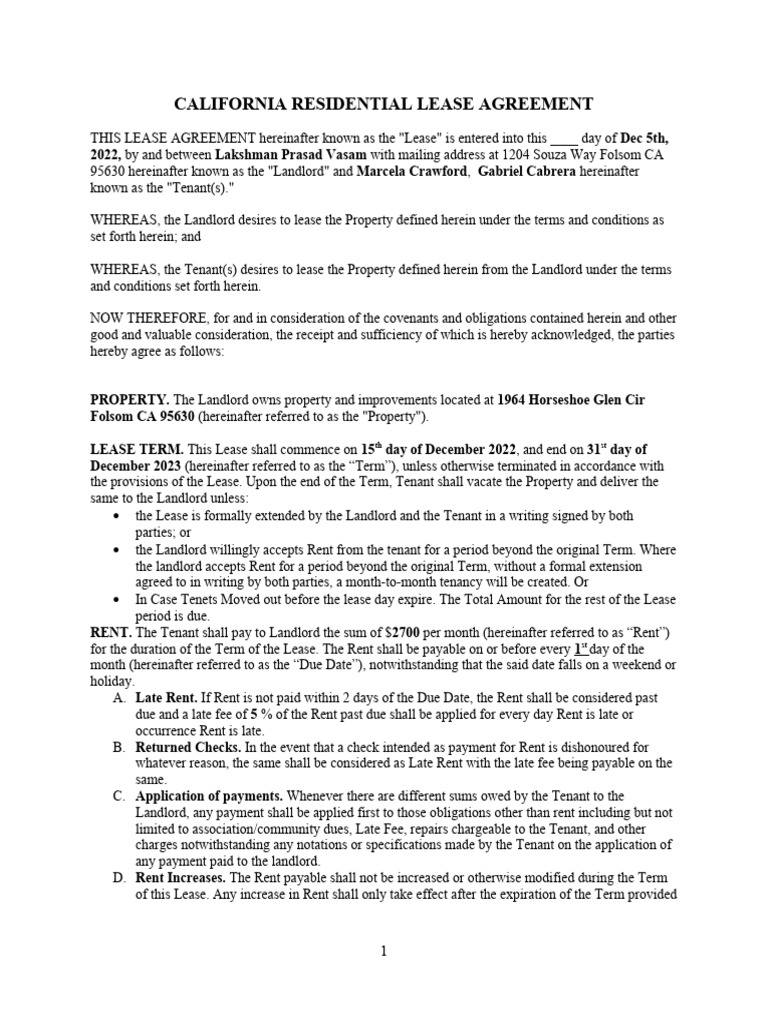 Standard California Residential Lease Agreement Template | PDF | Lease ...