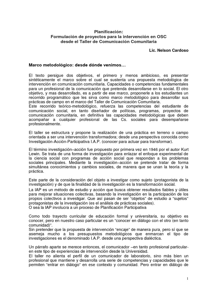 Planificación: Formulación de Proyectos para La Intervención en OSC Desde El Taller de ...