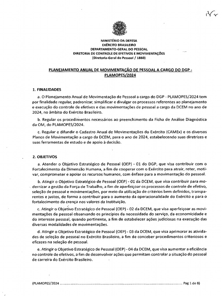 PLAMOPES Planejamento Anual de Movimentacao de Pessoal A Cargo Do DGP 1118 | PDF | Ciência ...