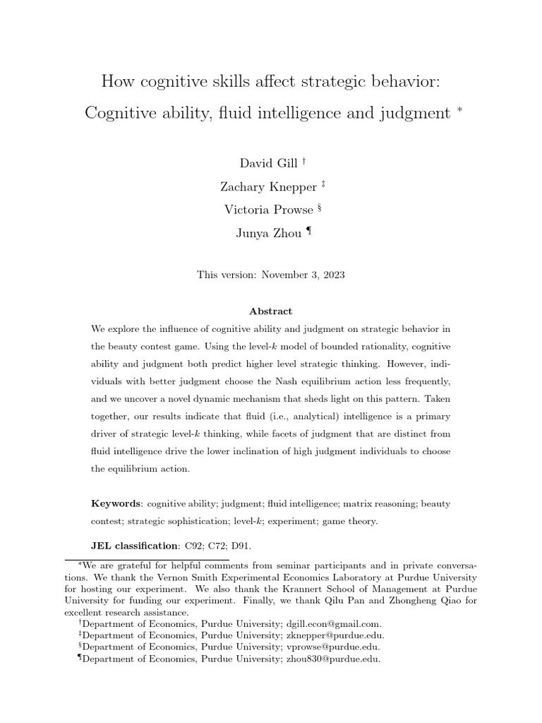 How Cognitive Skills Affect Strategic Behavior Cognitive Ability Fluid Intelligence And