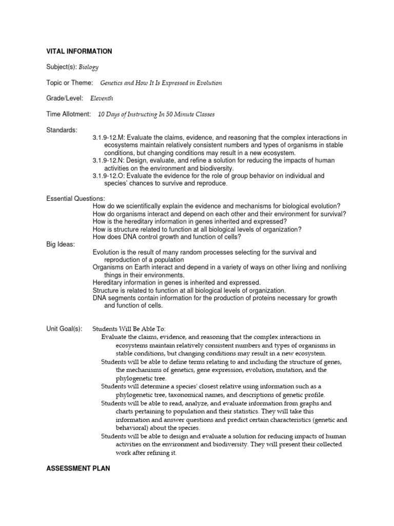 Assessment Plan | PDF | Biology | Evolution