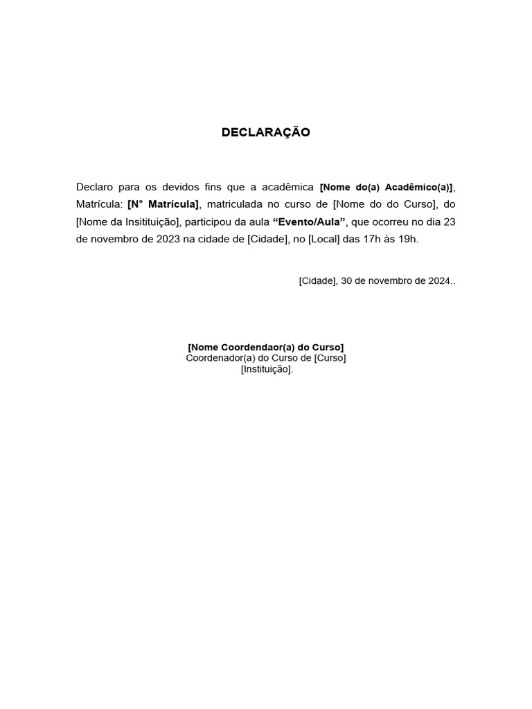 Modelo - Declaração Participação em Evento-Aula | PDF