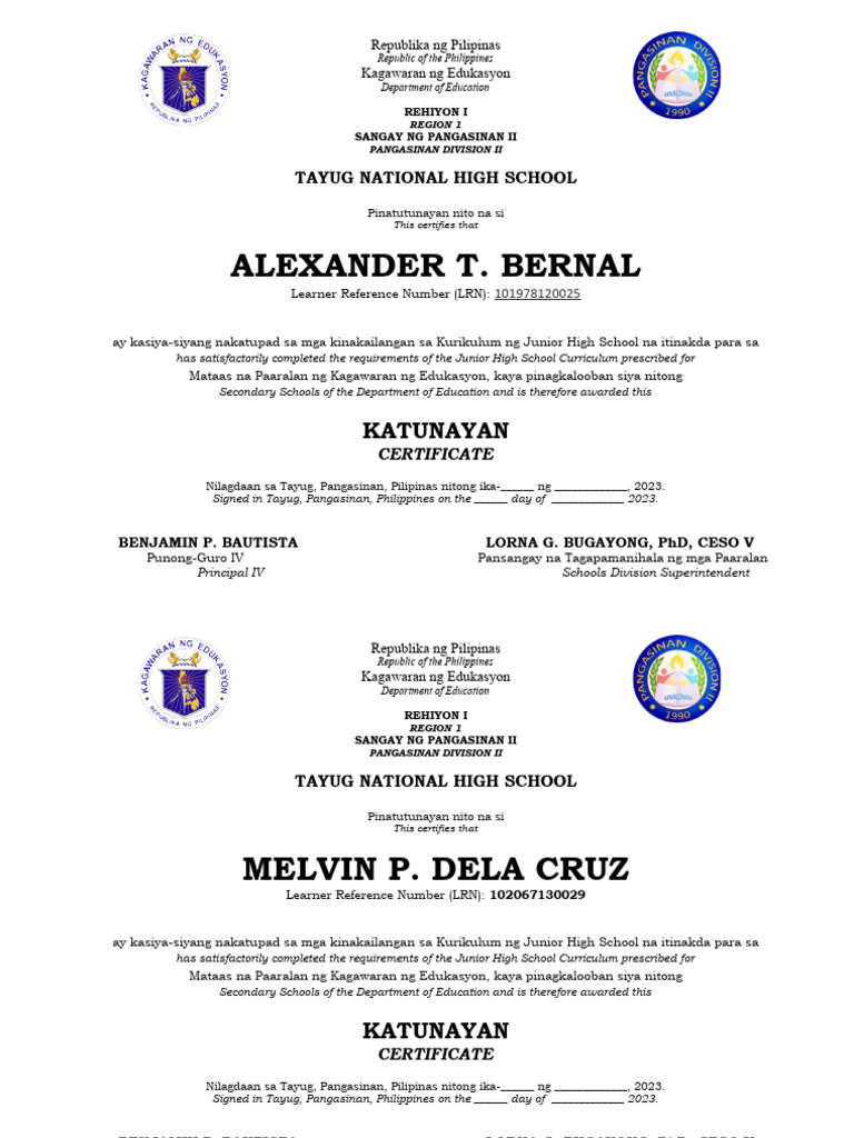 JHS completer certificate 2023 REGULAR | PDF