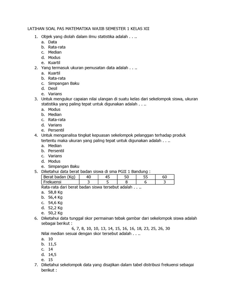 Latihan Soal Pas Matematika Wajib Semester 1 Kelas Xii | PDF