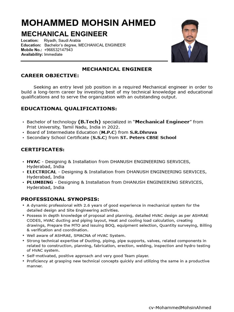 Mohsin Ahmed Mech CV | PDF | Duct (Flow) | Mechanical Engineering