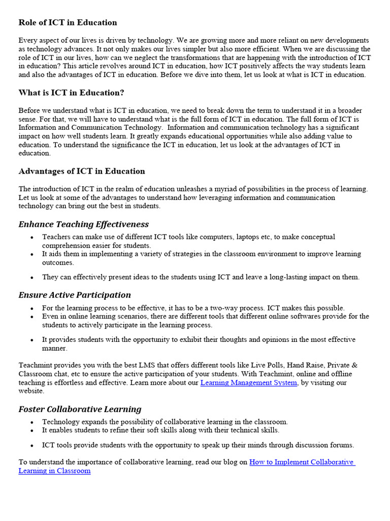 Role of ICT in Education 8p | PDF | Educational Technology ...