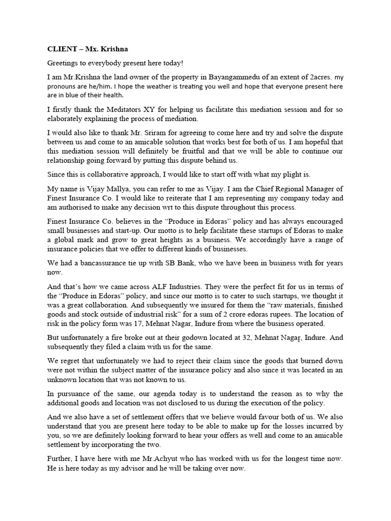 Opening Statements - Claimant | PDF | Mediation | Insurance