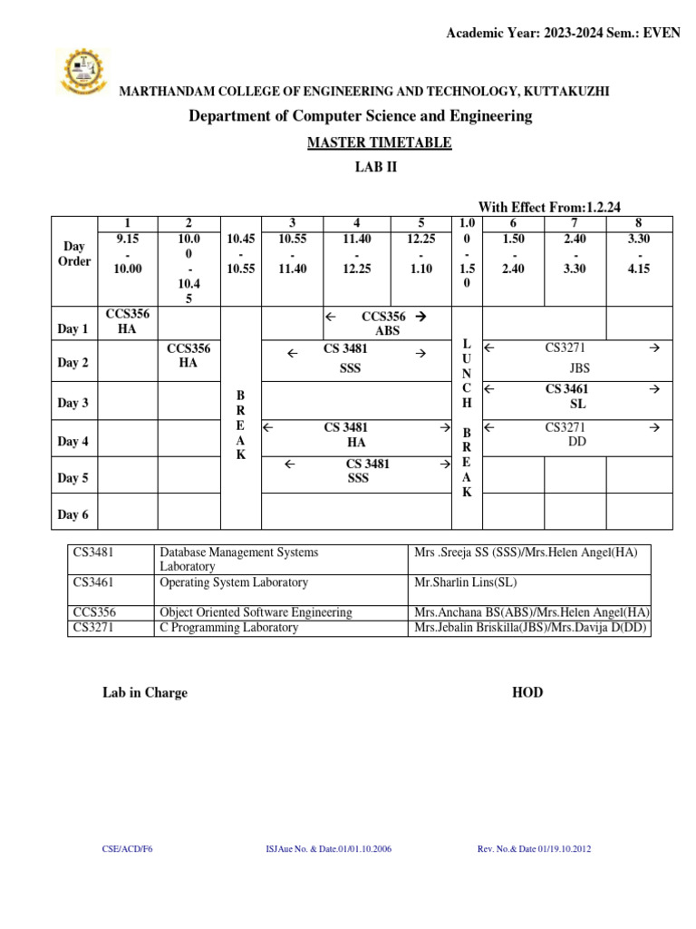 Lab Timetable Even New | PDF | Computing | Engineering