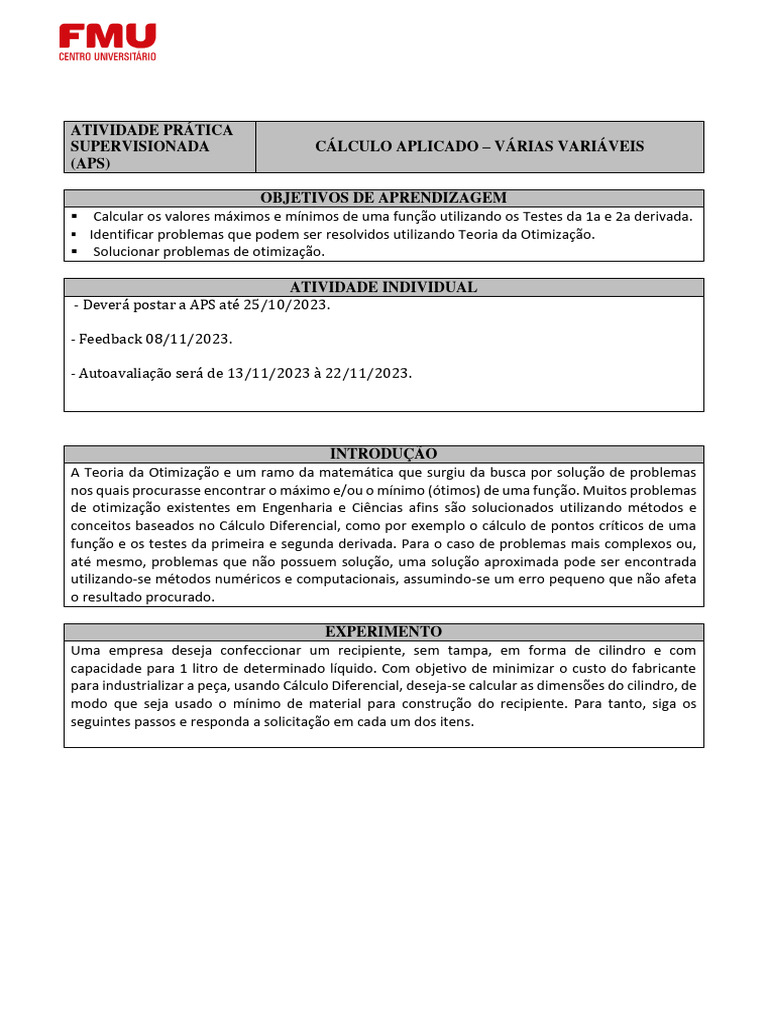 APS - Cálculo Aplicado - Várias Variáveis - FINAL | PDF