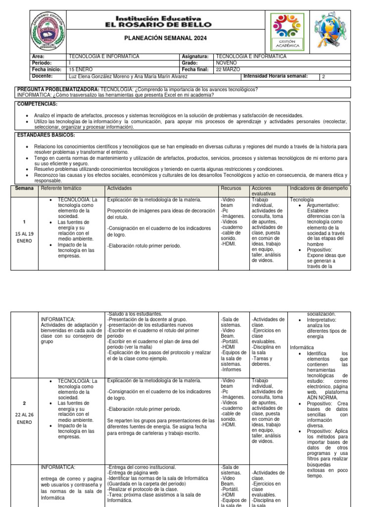 Planeación Tecnología e Informática 9! I 2024 | Descargar gratis PDF | Informática