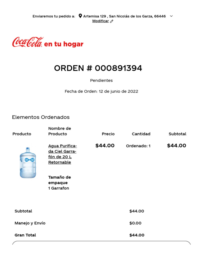 Orden # 000891394 | Coca-Cola en Tu Hogar | PDF