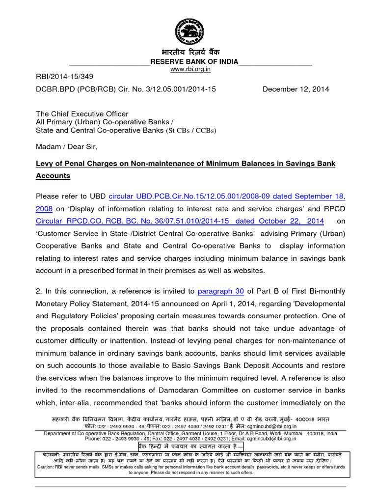 Penal Charges for Minimum Balance Non-Maintenance | PDF | Banks | Reserve Bank Of India
