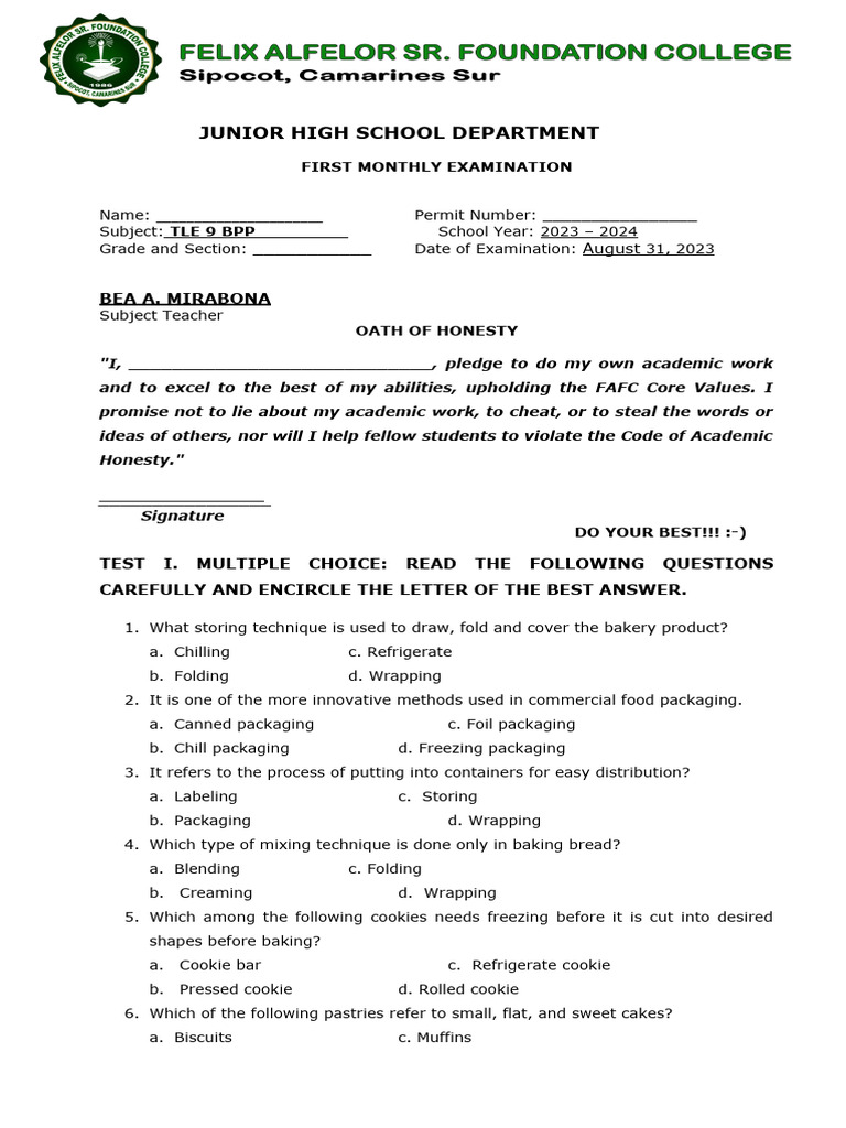 BPP 9 EXAM (1) | PDF | Flour | Breads