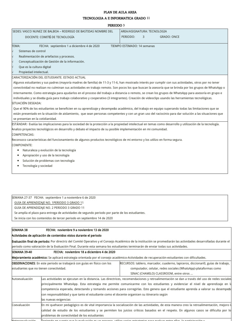 Plan de Aula Tecnologia Grado 11 Periodo3 | PDF | Evaluación Plan de Aula Tecnologia Grado 11 Periodo3 | PDF | Evaluación
