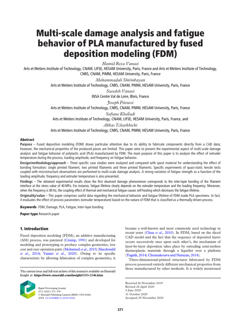 Multi-Scale Damage Analysis and Fatigue Behavior of PLA Manufactured by ...