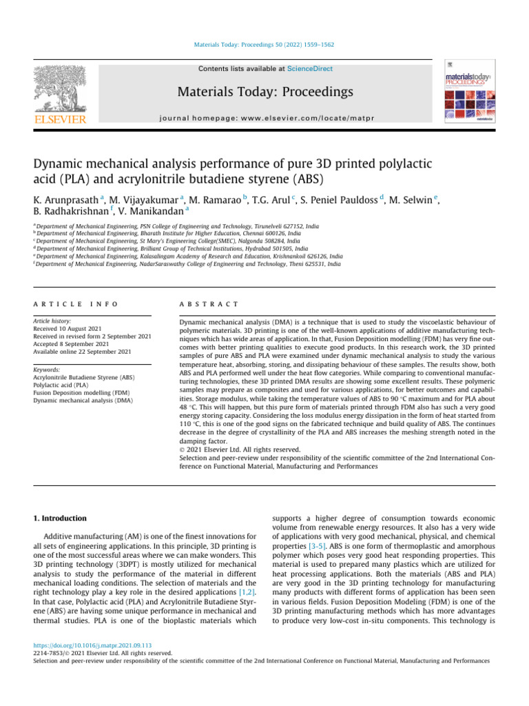 DMA Performance of Pure 3D Printed ABS & PLA - Mat. Today, 2022 ...