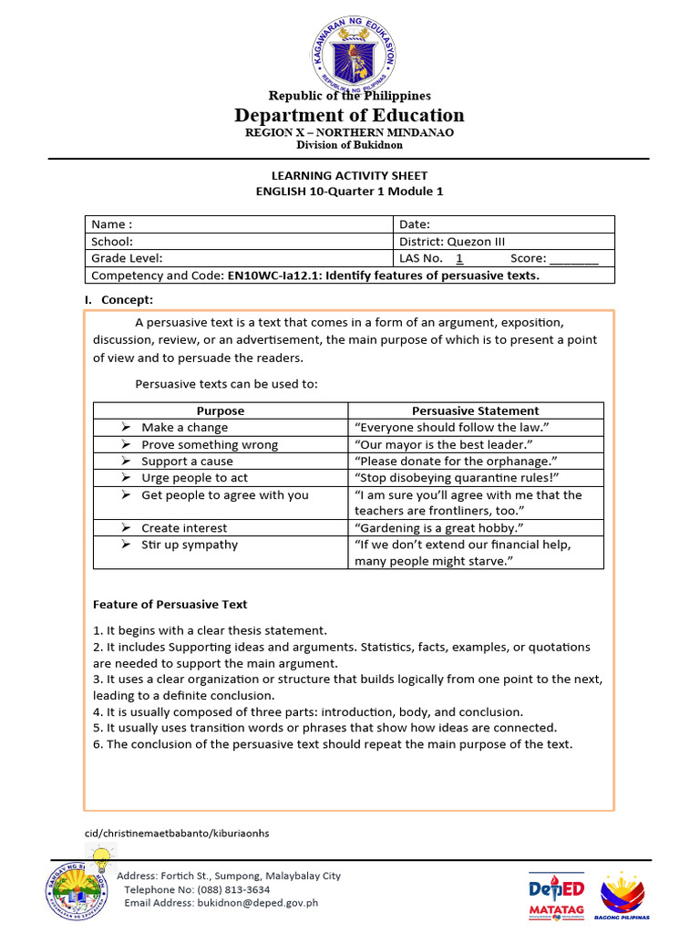 LEARNING ACTIVITY SHEET g10 | PDF | Argument