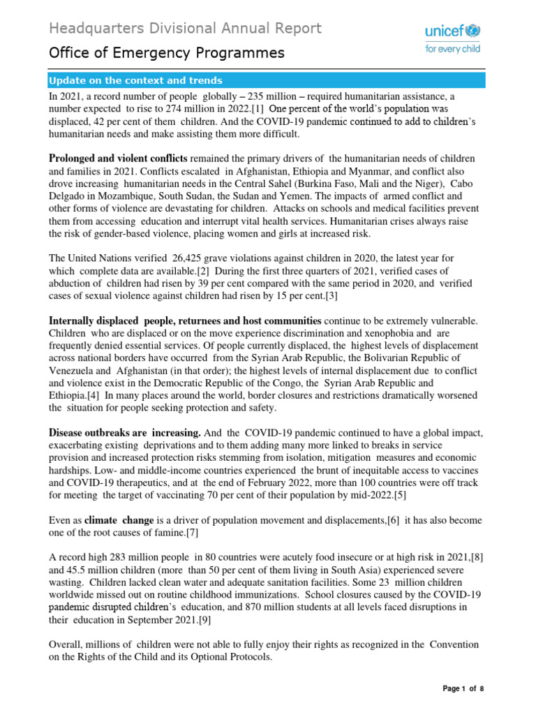 UNICEF Humanitarian Report 2021 | PDF | Humanitarian Aid | Emergency ...