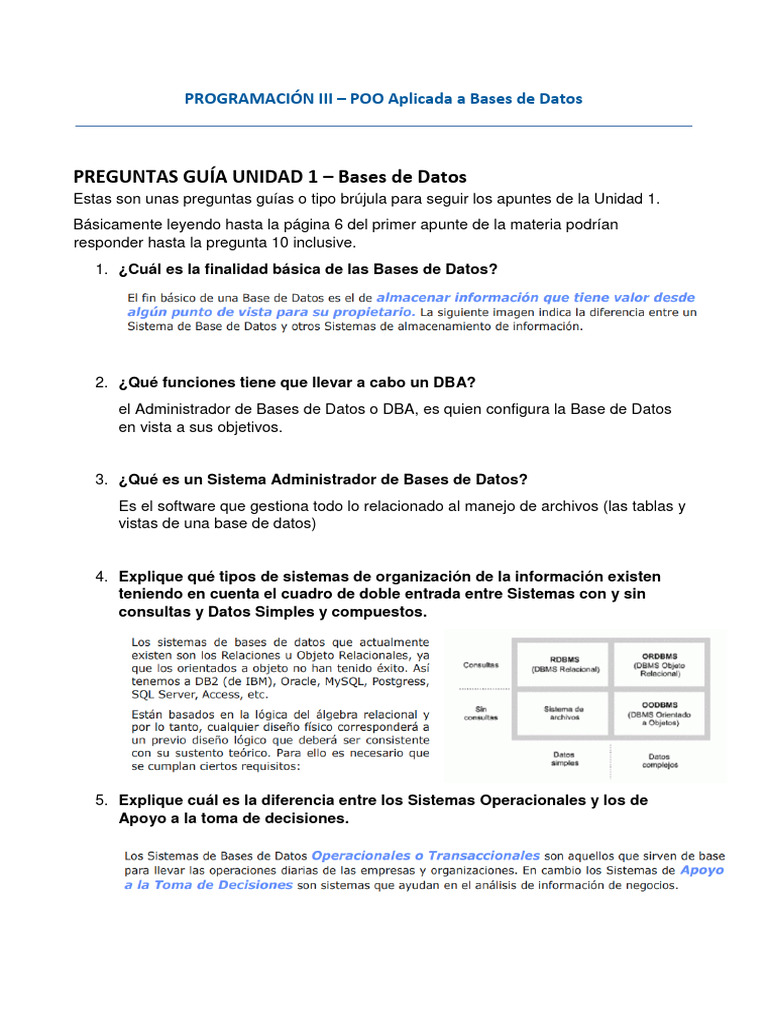 Preguntas Guía para Bases de Datos | PDF | Almacén de datos | Bases de datos